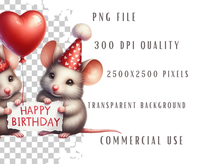 Happy Birthday Mice Clipart Bundle, Mice Pngs, Watercolor Mice Graphics ...