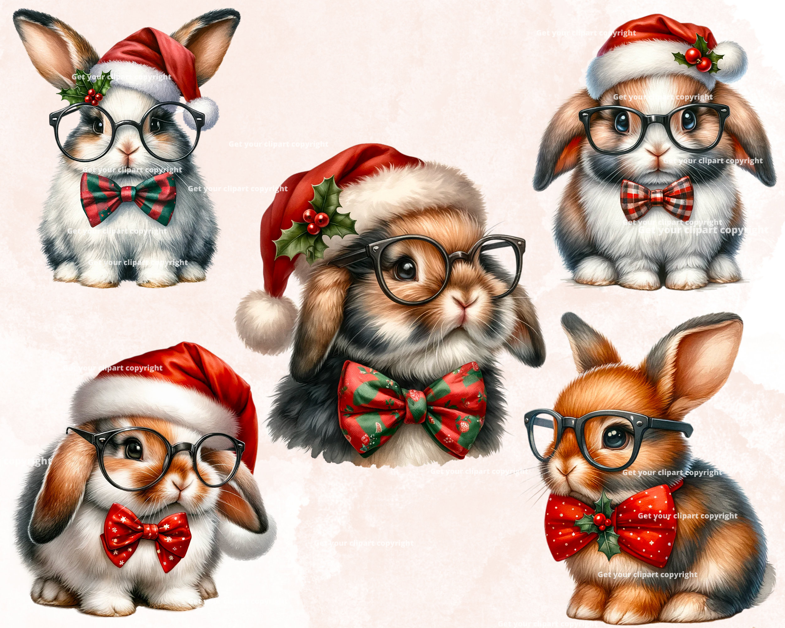 Christmas Bunny Clipart Bundle, Cute Rabbit, Set of 10, Transparent ...