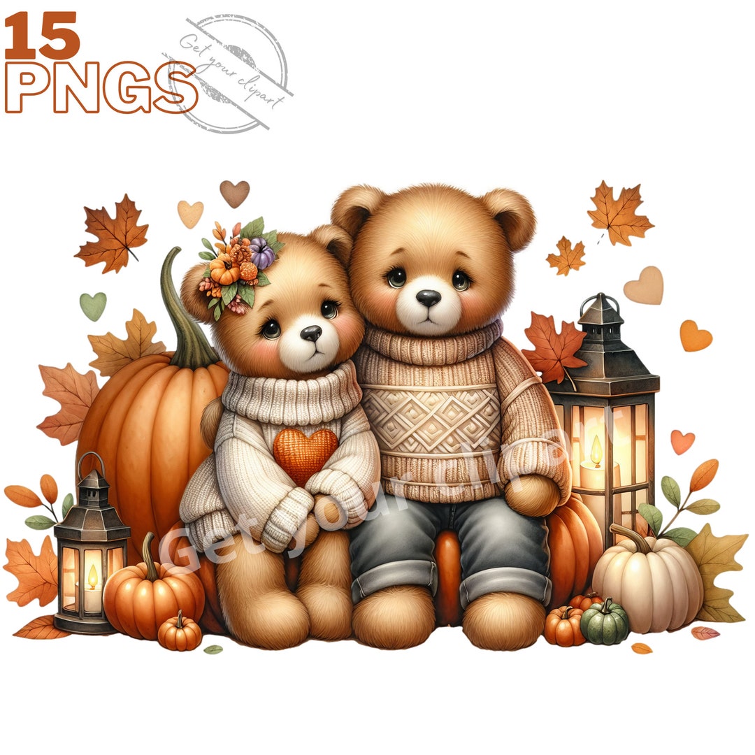 Fall Teddy Bears Couple Clipart Bundle, Teddy Bear Clipart, Teddy Bear ...