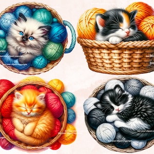 Kitty in a Wool Basket Clipart Bundle, Cute Cat Png Graphics, Printable ...