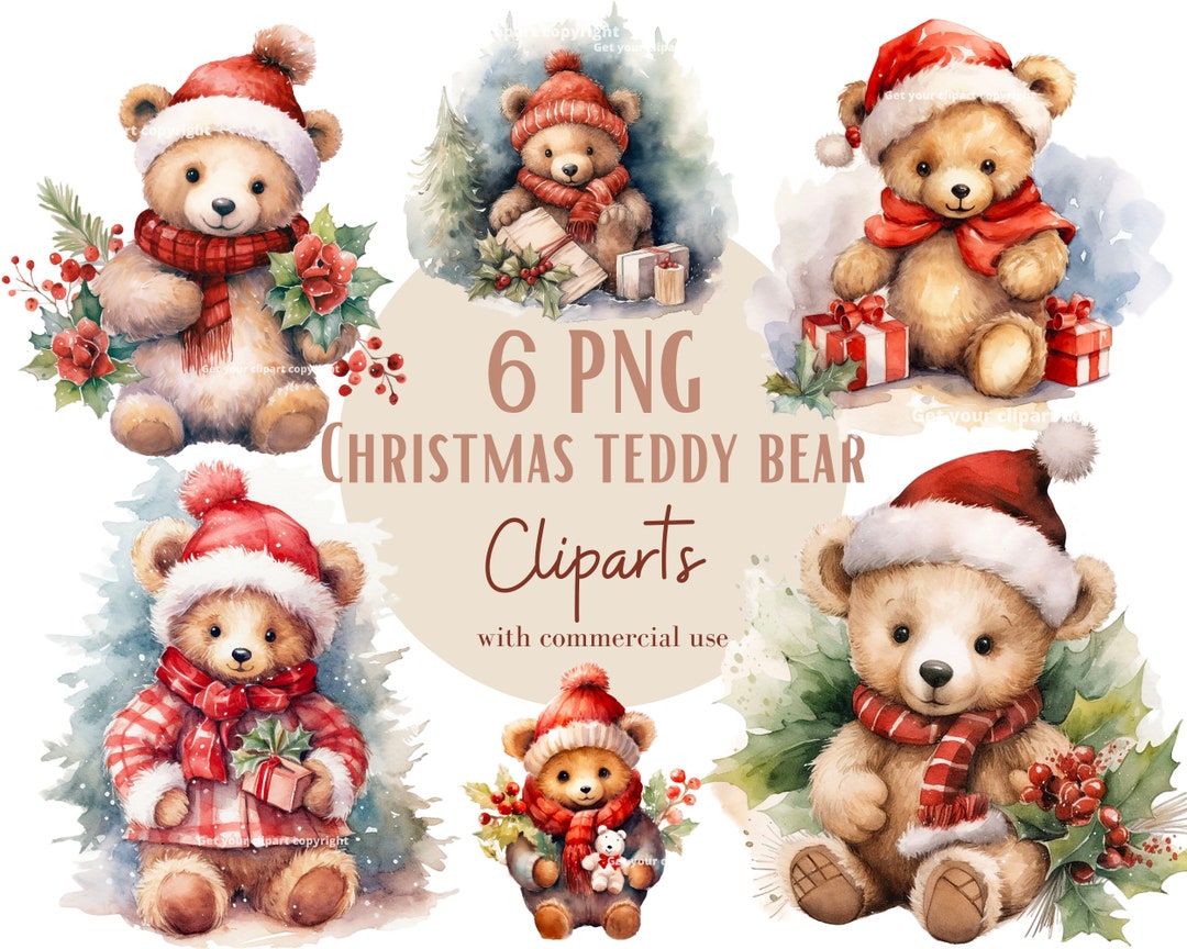 Christmas Teddy Bear Clipart Bundle, Watercolor Bear Ornaments, Festive ...