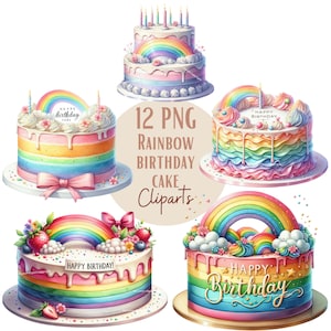Rainbow Birthday Cake Clipart Bundle, Happy Birthday Graphics, Cake Png ...