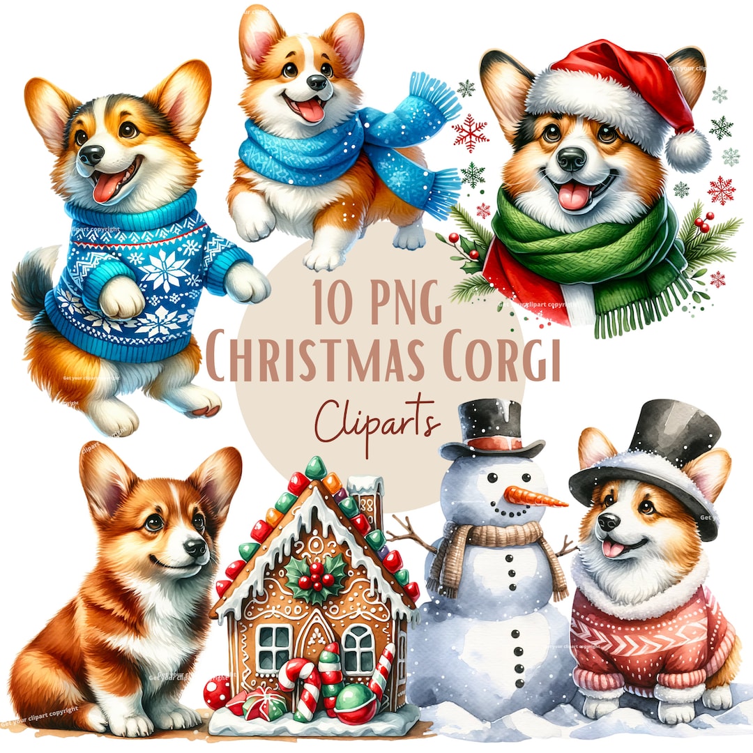 Christmas Corgi Png Graphics, Watercolor Dog Clipart, Set of 10 ...