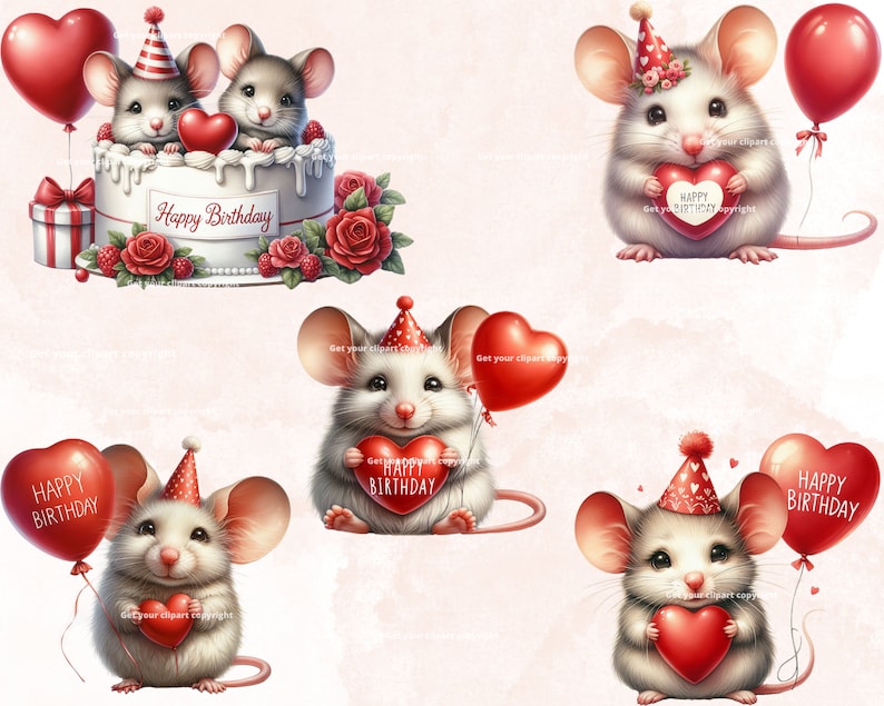 Happy Birthday Mice Clipart Bundle, Mice Pngs, Watercolor Mice Graphics ...