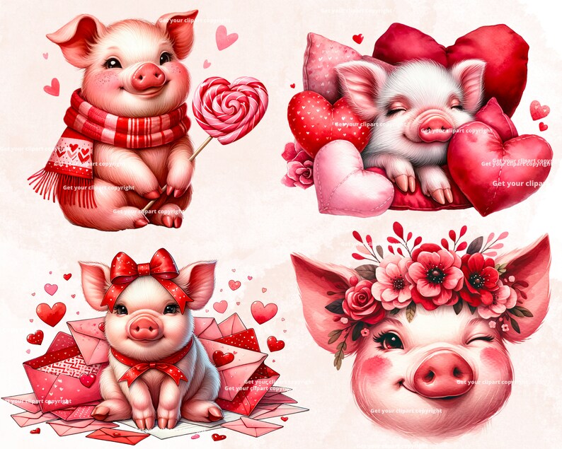 Valentines Pig Clipart Bundle, Cute Pig, Set of 12, Transparent ...