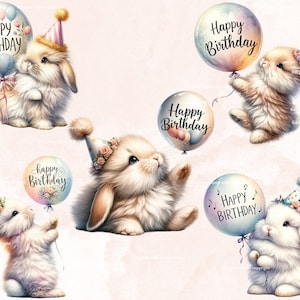 Happy Birthday Bunny Clipart Bundle, Cute Bunny, Birthday Balloons ...