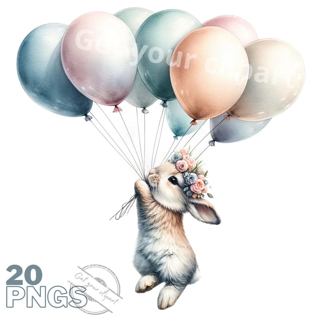 Bunny and Balloons Clipart Bundle, Bunny Nursery Print, Watercolor ...