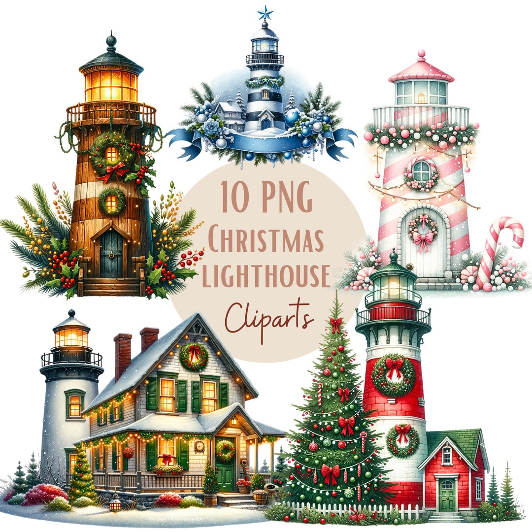 Christmas Lighthouse Clipart Bundle, Nautical Christmas, Set of 10 ...