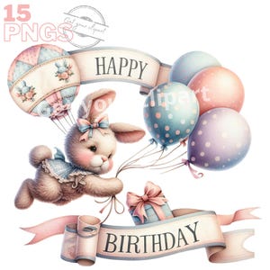 Happy Birthday Bunny Clipart Bundle, Cute Bunny, Birthday Balloons ...