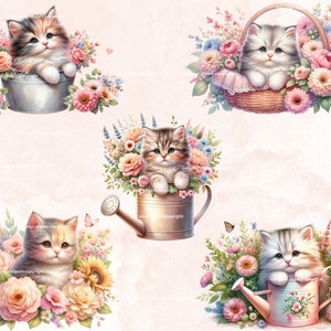 Baby Cat and Flowers Clipart Bundle, Kitten Clipart, Cute Cat Graphics ...