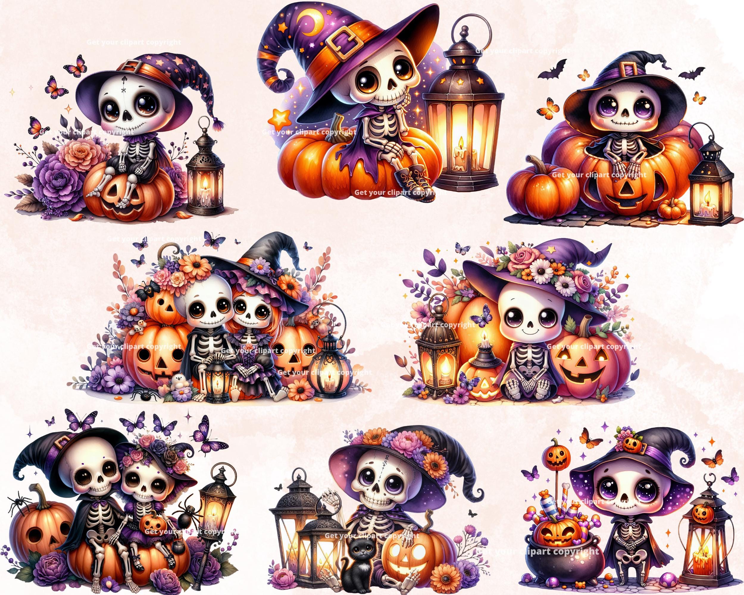 Cute Halloween Skeletons Clipart Bundle, Halloween Clipart, Cute ...