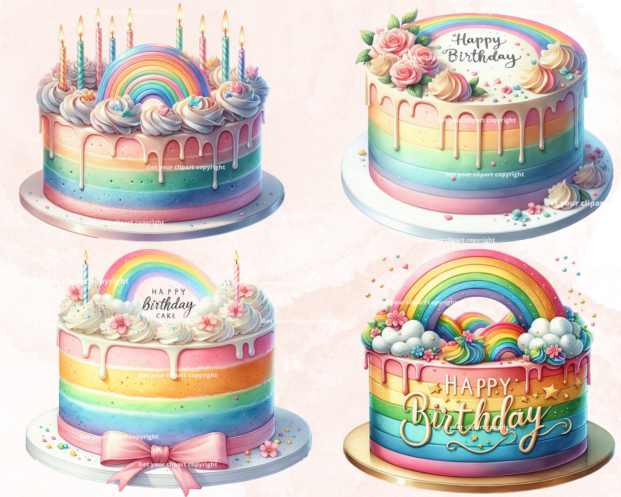 Rainbow Birthday Cake Clipart Bundle, Happy Birthday Graphics, Cake Png ...