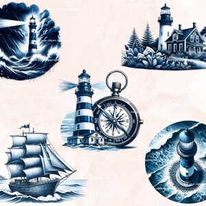 Navy Blue Lighthouse Clipart Bundle, Nautical Graphics, Set of 10 ...