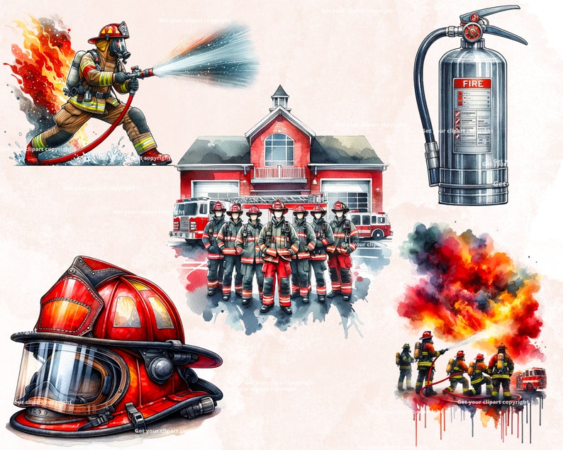 Firefighter Clipart Bundle, Watercolor Firefighter Graphics, With ...