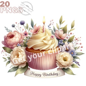Birthday Cupcake Clipart Bundle, Happy Birthday Graphics, Cupcake Png ...