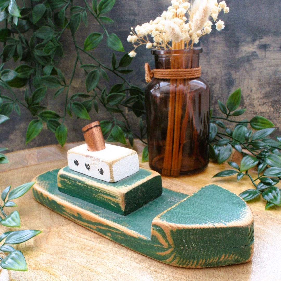 Handmade Wooden Tug Boat Shelf Ornament, Rustic Nautical Decor - Etsy