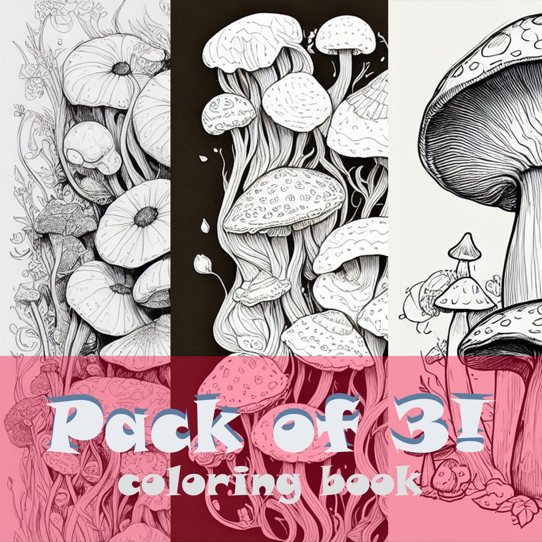Coloring Pages, Set of 3, Mushrooms, A4 300dpi, Digital Print, Coloring ...