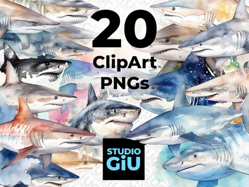 Sharks Clip Art, Tigershark, Great White, Watercolor Illustrations ...