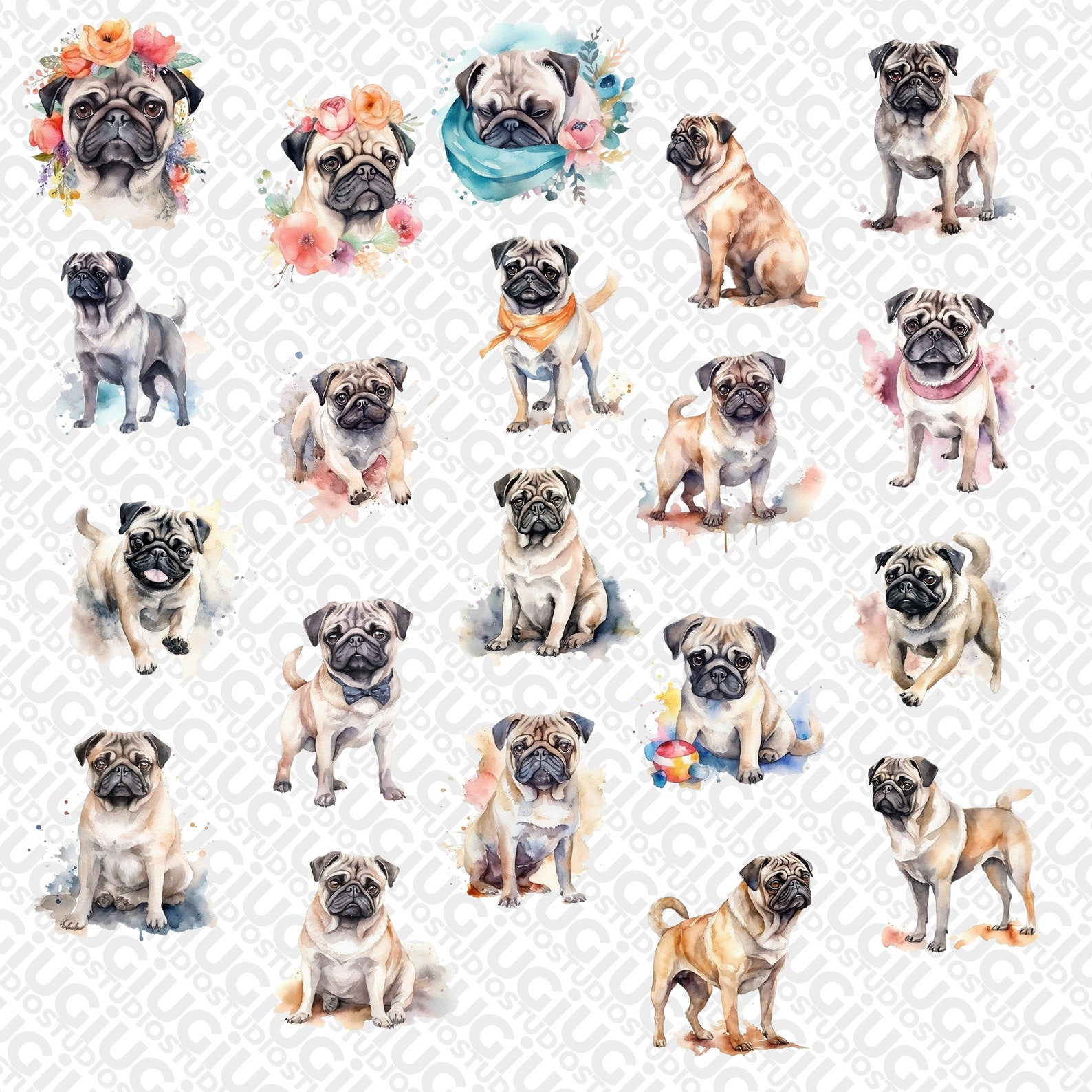 Cute Pugs Clip Art Watercolor Illustrations Instant Download - Etsy