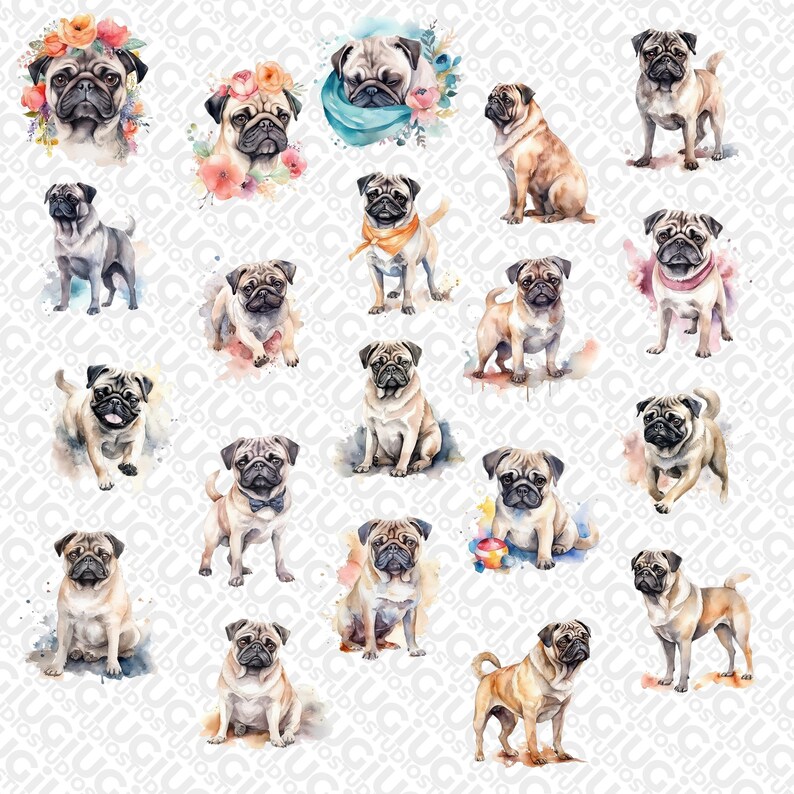 Cute Pugs Clip Art Watercolor Illustrations, Instant Download for ...