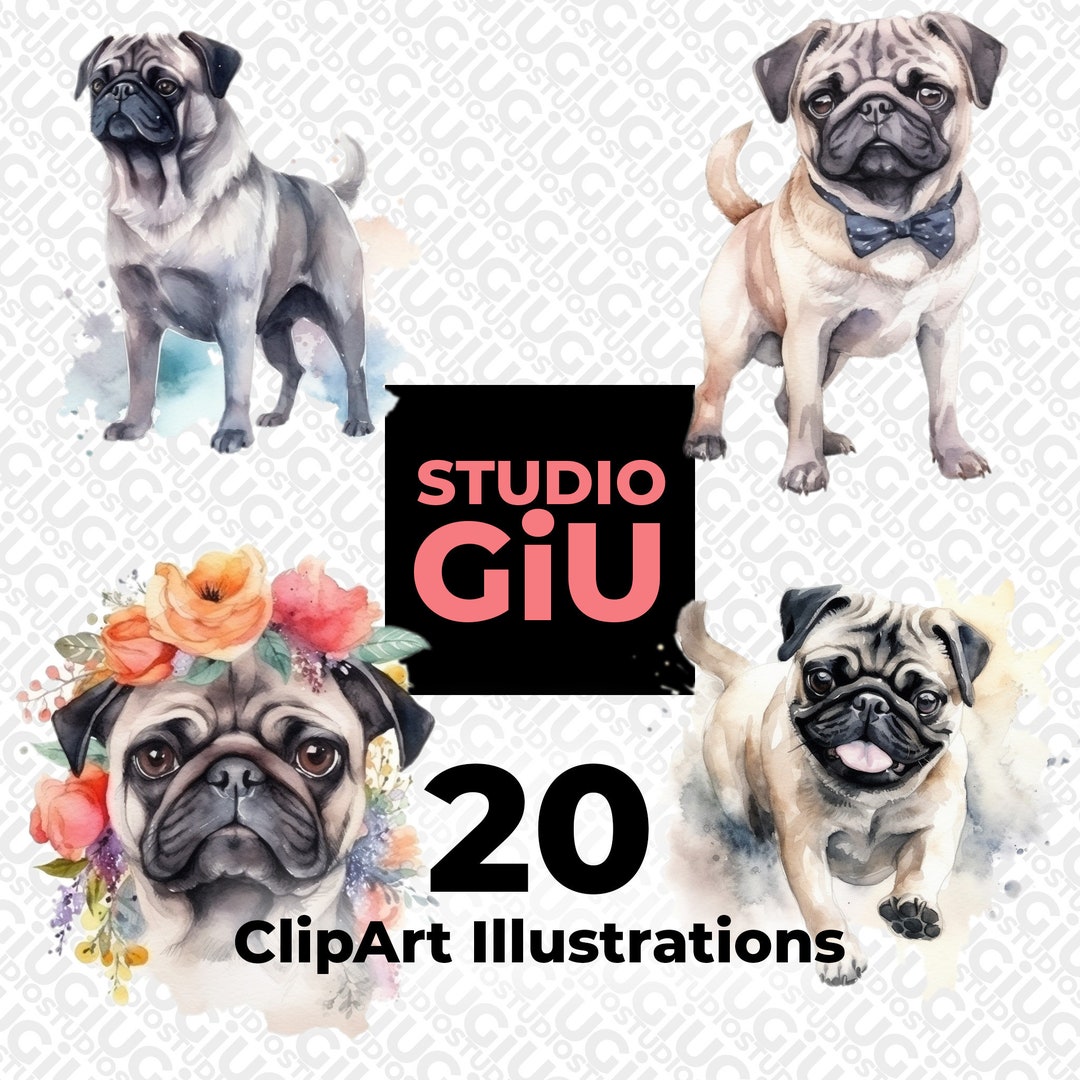 Cute Pugs Clip Art Watercolor Illustrations, Instant Download for ...