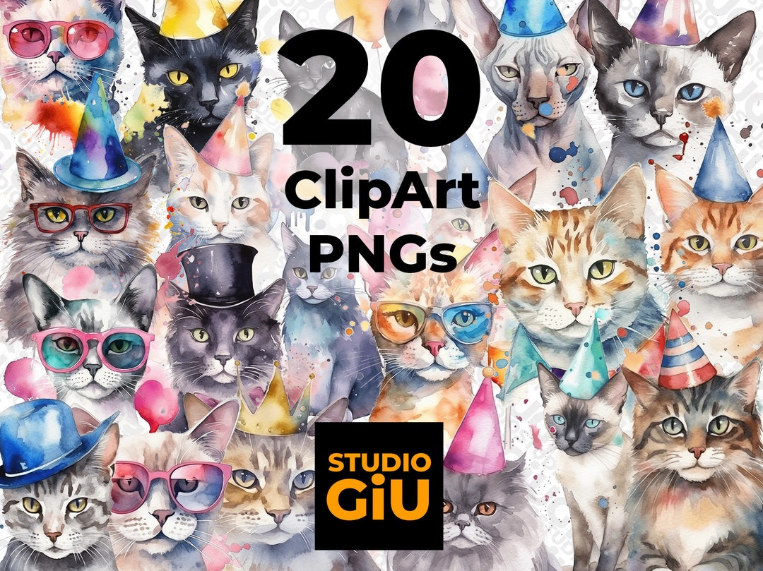 Party Cats Clip Art Funny Watercolor Illustrations, Instant Download ...