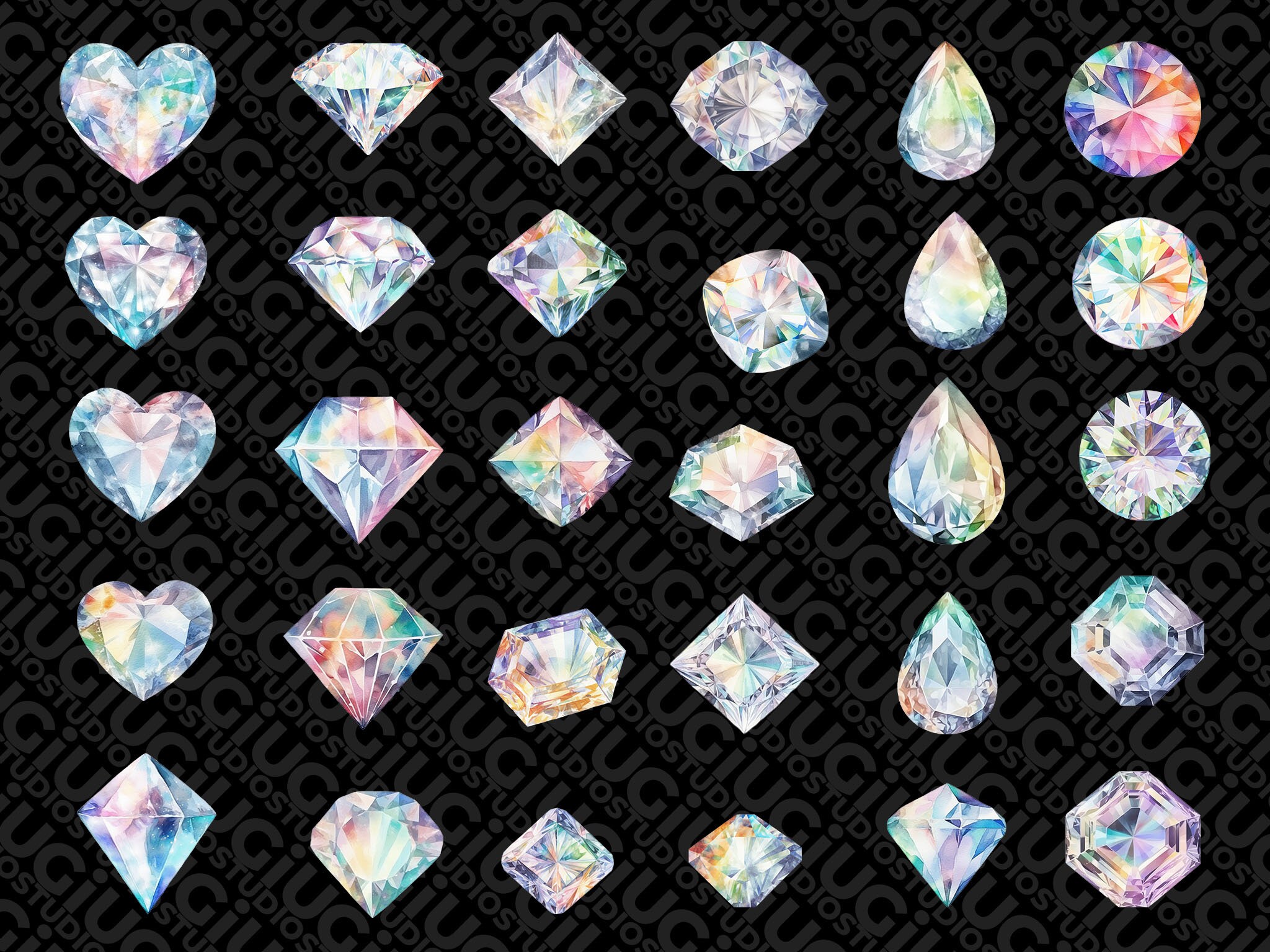 Radiant Diamonds Watercolor Clipart Hearts Teardrops Instant Download ...