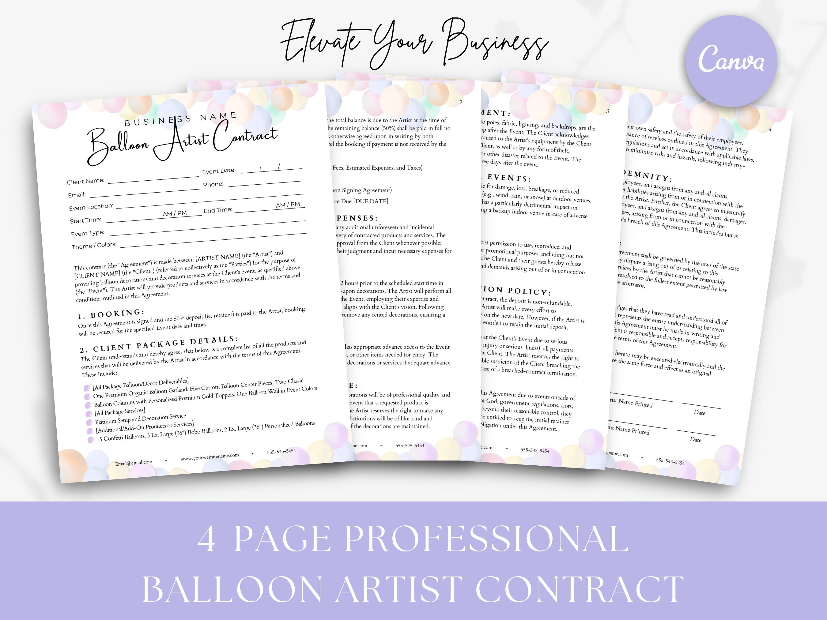BALLOON CONTRACT, Editable Balloon Decor Contract, Balloon Invoice ...