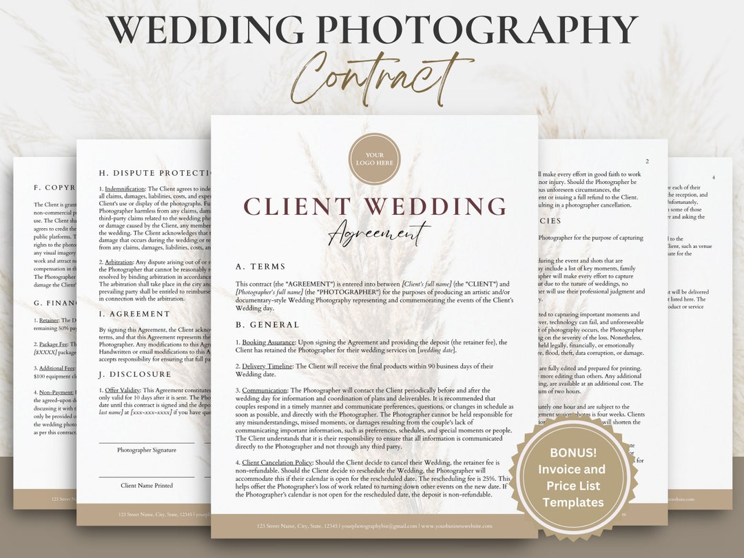 Boho WEDDING PHOTOGRAPHY CONTRACT Template, Photography Forms, Wedding ...