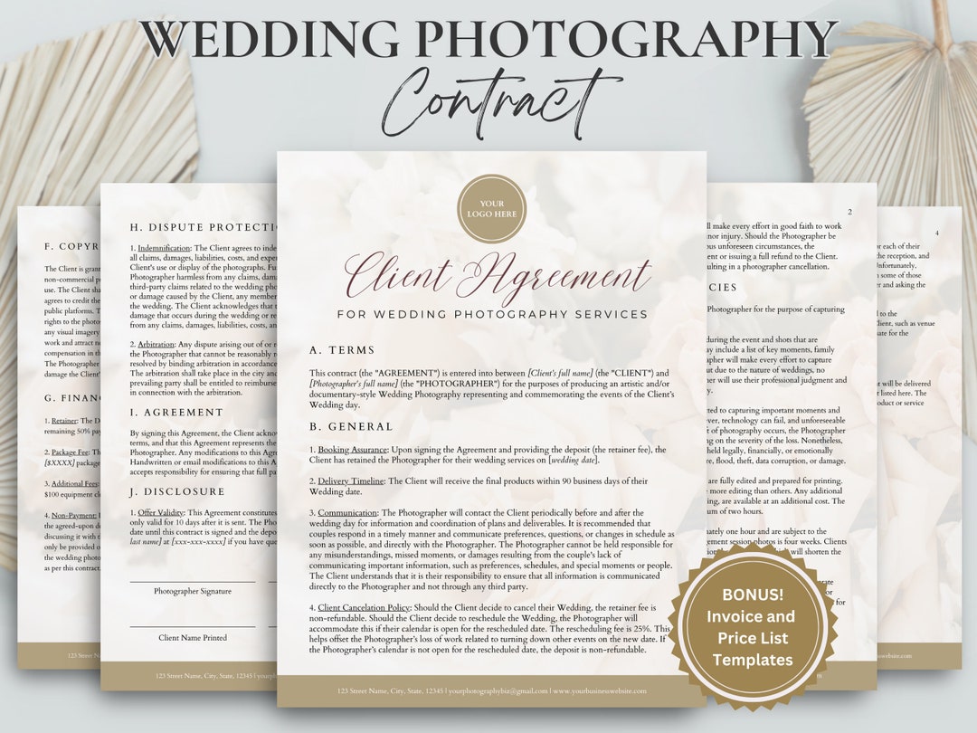 WEDDING PHOTOGRAPHY CONTRACT Template, Photography Forms, Wedding ...