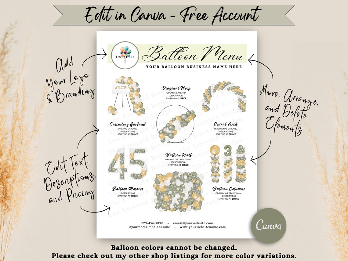 BALLOON MENU, Balloon MOCKUP Template, Editable Balloon Price List ...