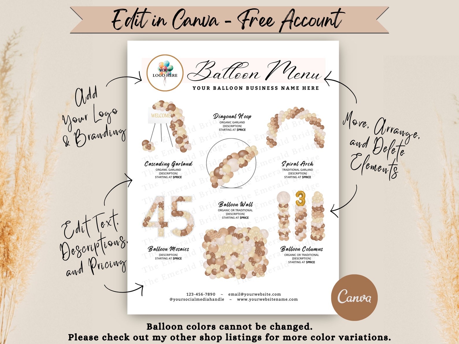 BOHO BALLOON MENU, Balloon Mockup Template, Editable Balloon Price List ...