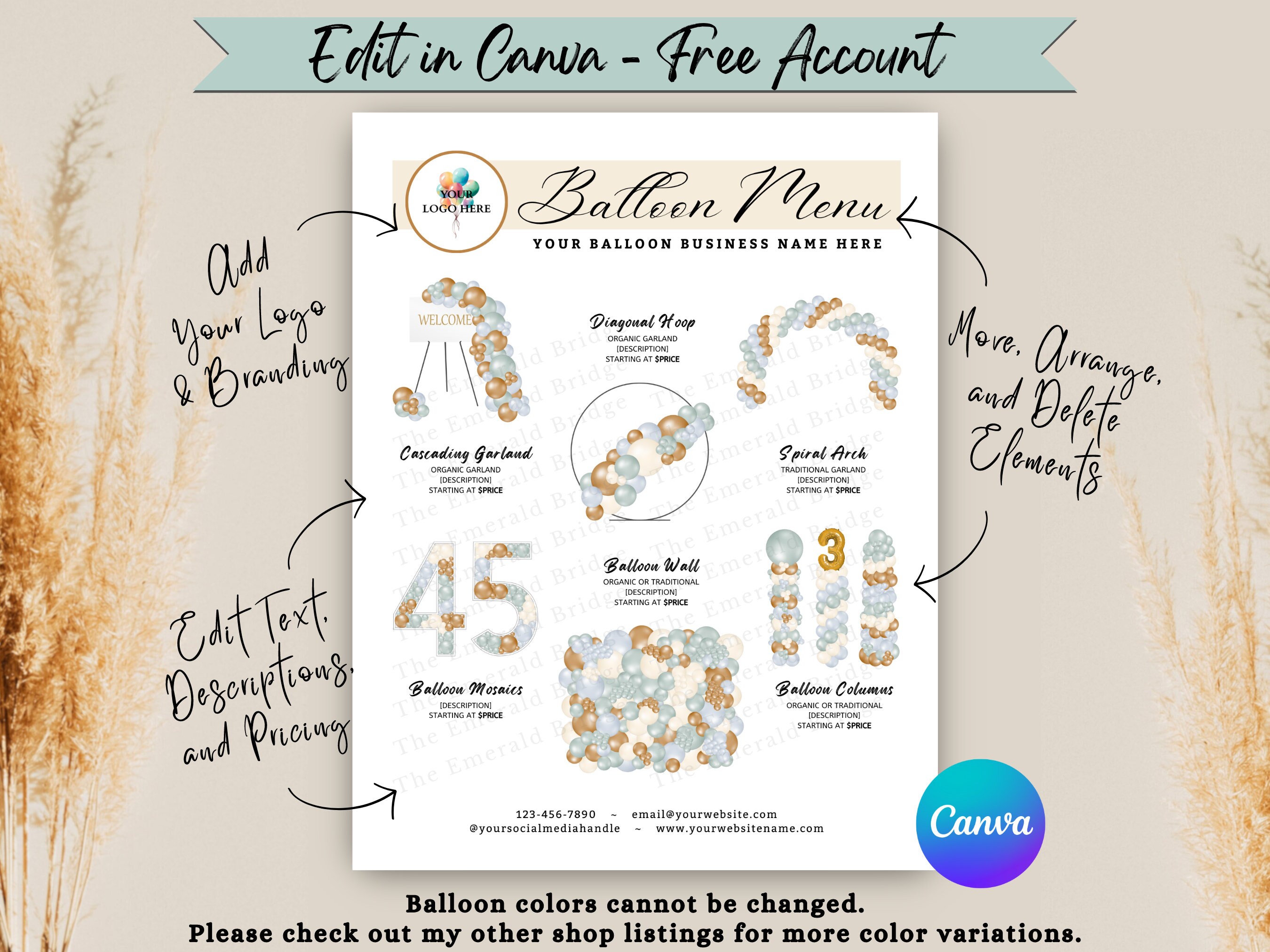 BOHO BALLOON MENU, Balloon Mockup Template, Editable Balloon Price List ...