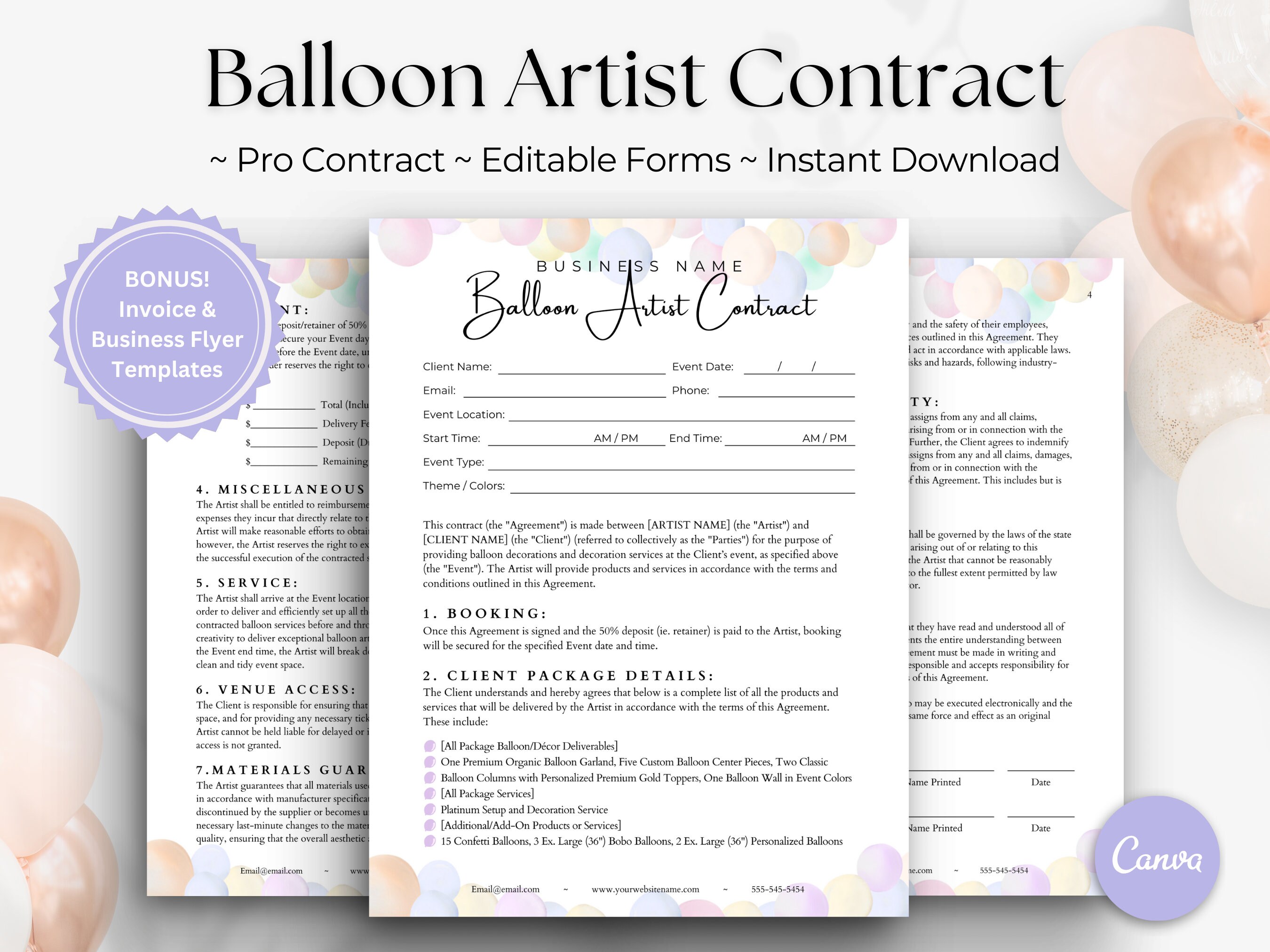 BALLOON CONTRACT, Editable Balloon Decor Contract, Balloon Invoice ...