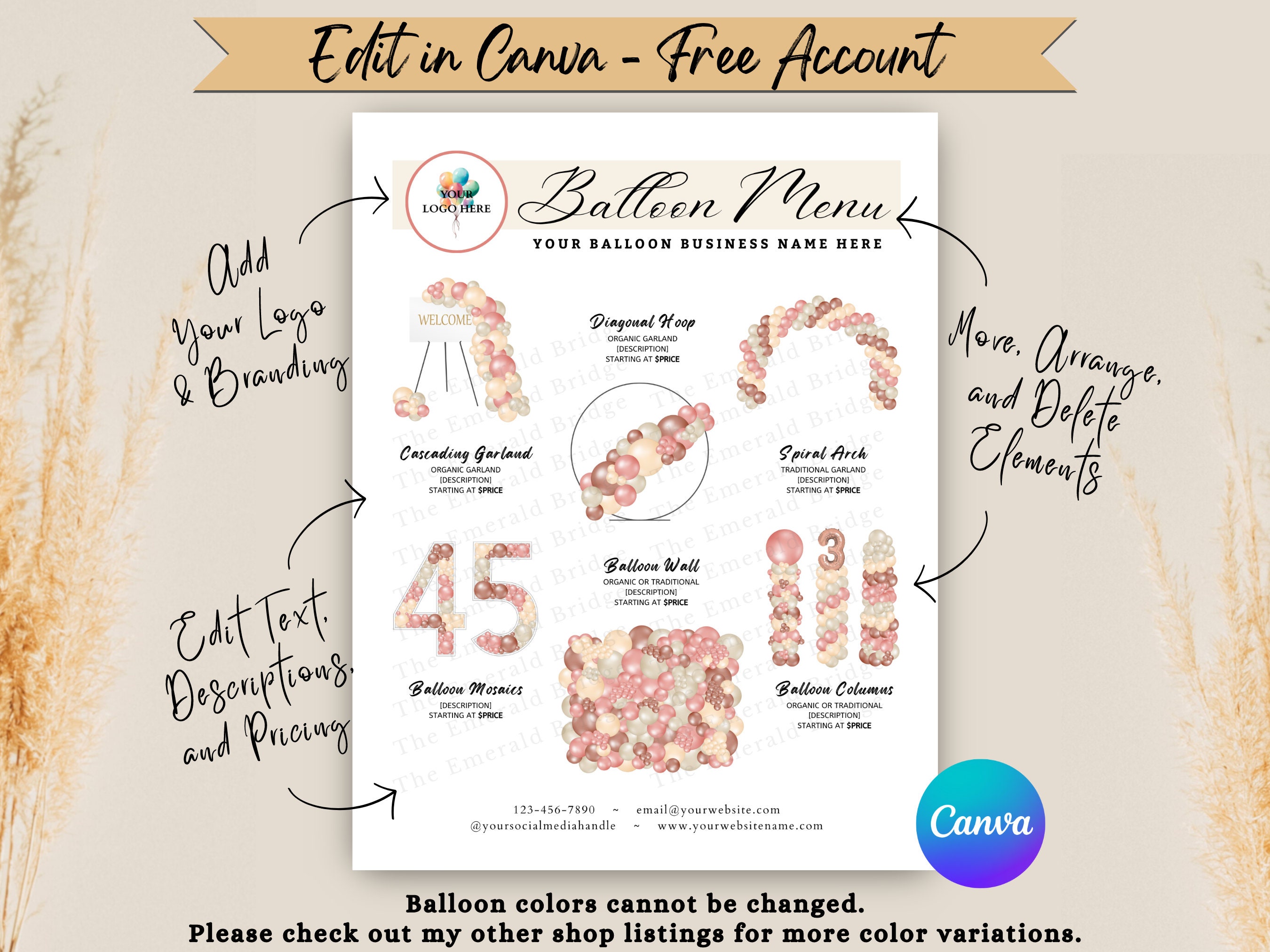 BOHO BALLOON MENU, Balloon Mockup Template, Editable Balloon Price List ...
