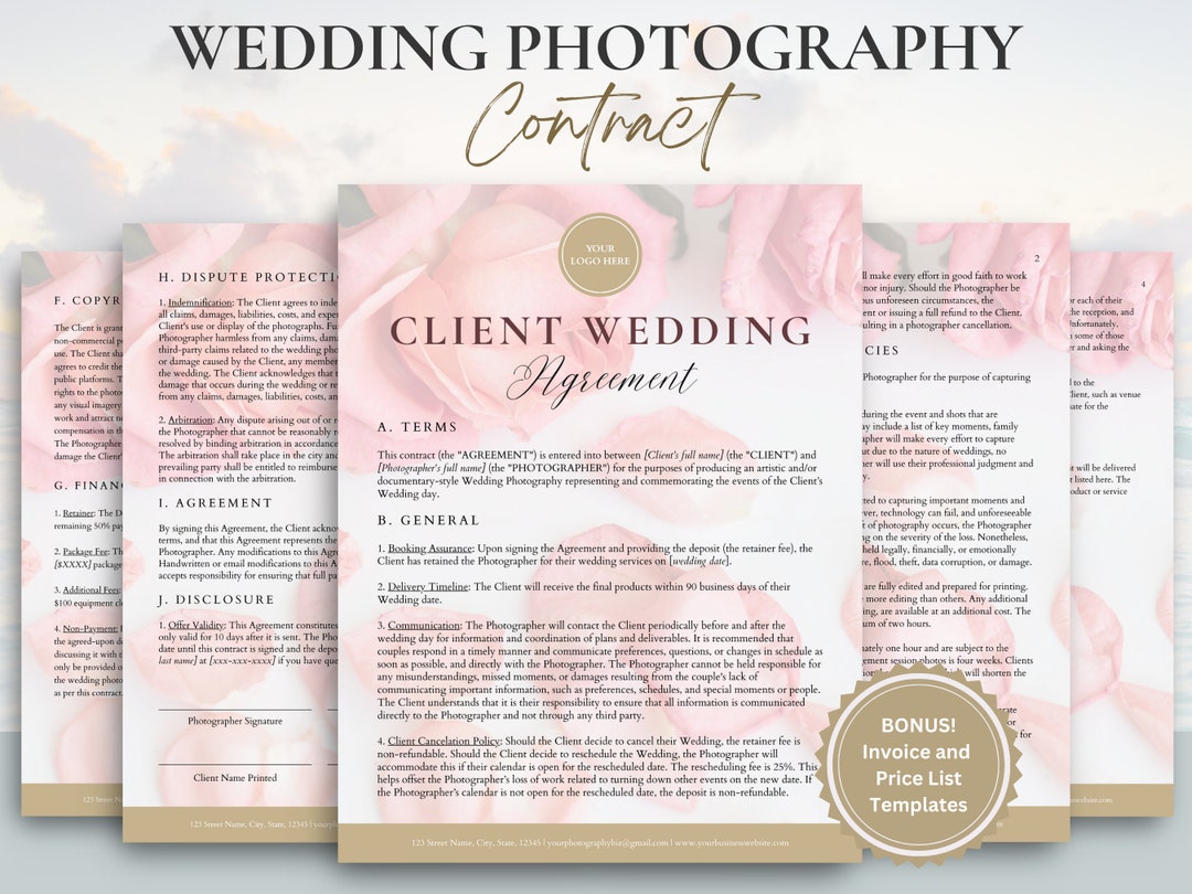 WEDDING PHOTOGRAPHY CONTRACT Template, Photography Forms, Wedding ...