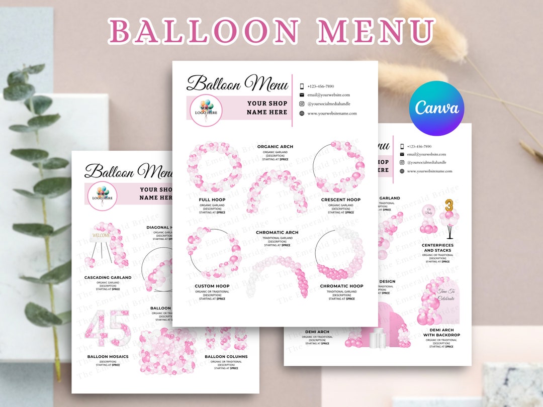 BALLOON MENU, Balloon MOCKUP Template, Editable Balloon Price List, Balloon Decor, Balloon ...