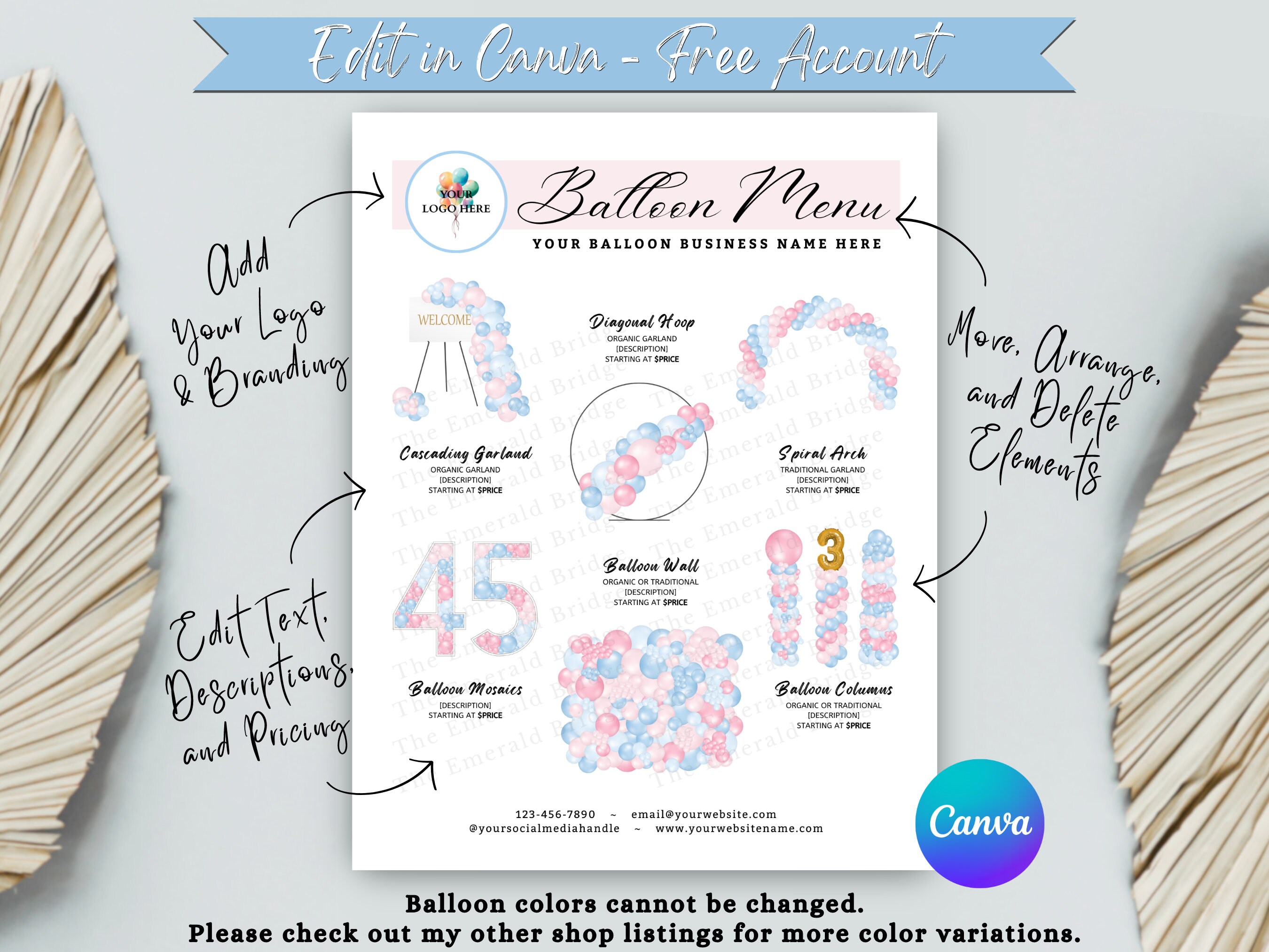 BALLOON MENU, Balloon MOCKUP Template, Editable Balloon Price List ...