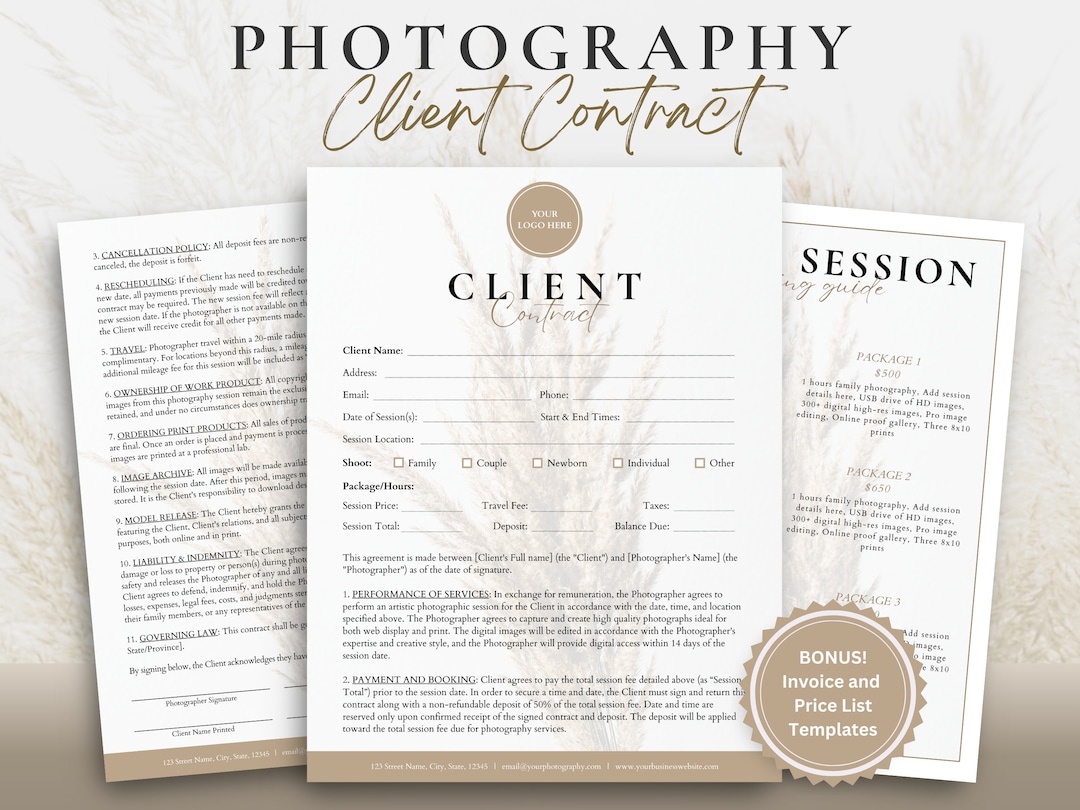 Boho Photography Contract Template, Photography Forms, Photographer ...