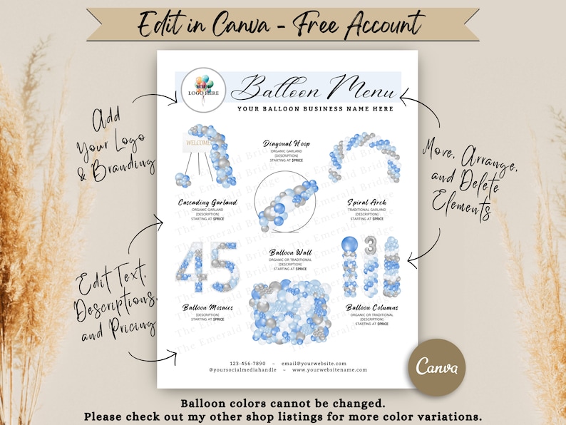 BALLOON MENU, Balloon MOCKUP Template, Editable Balloon Price List ...