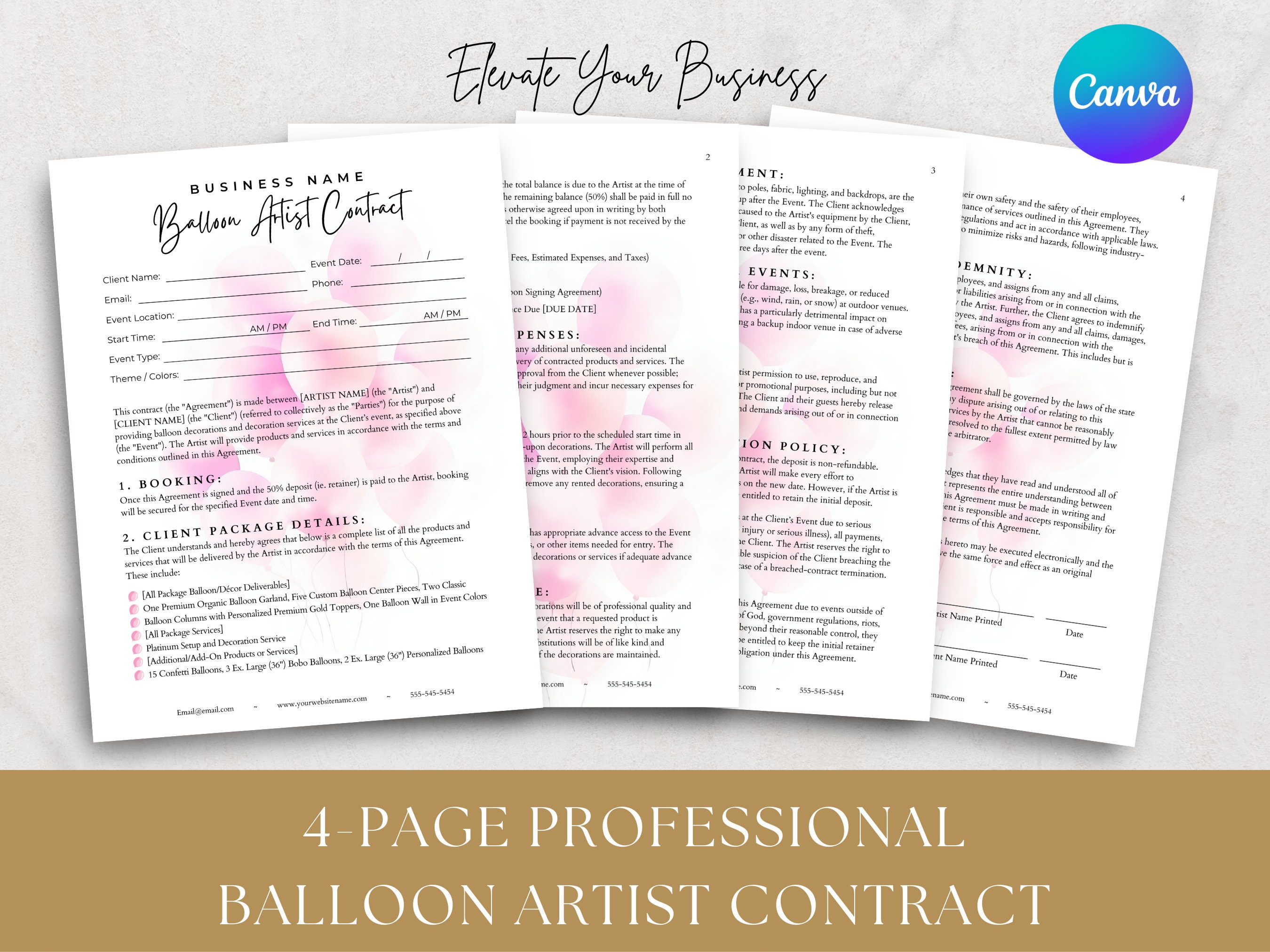 BALLOON CONTRACT, Editable Balloon Decor Contract, Balloon Invoice ...