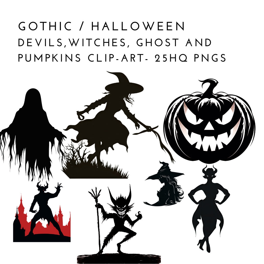 Retro Devil & Witch Clipart Bundle | Halloween Solid Black Icons: Jack ...