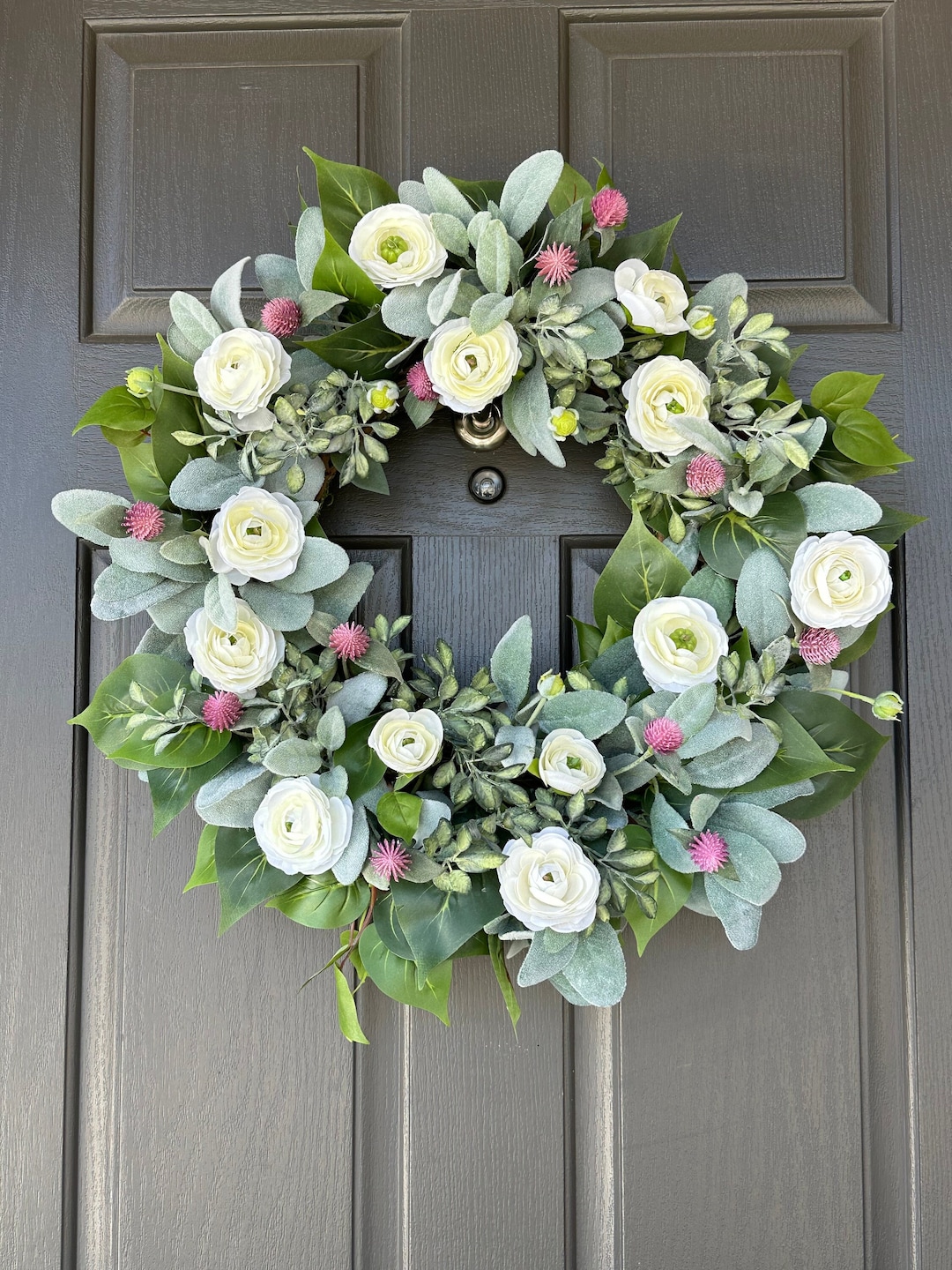 Summer Lambs Ear Wreath for Front Door, Cream Ranunculus, Pink Clover ...