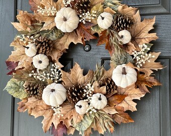 Tan Maple Leaf Pampas Grass Wreath for Front Door, Neutral Fall Wreath ...