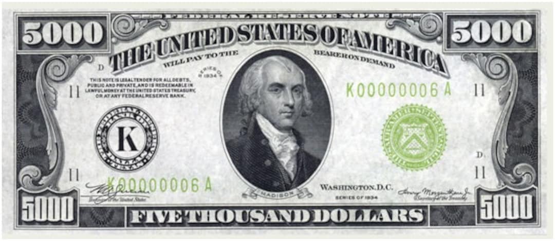 5000 Dollars 1934 K U.S.A. United States of America Replica - Etsy