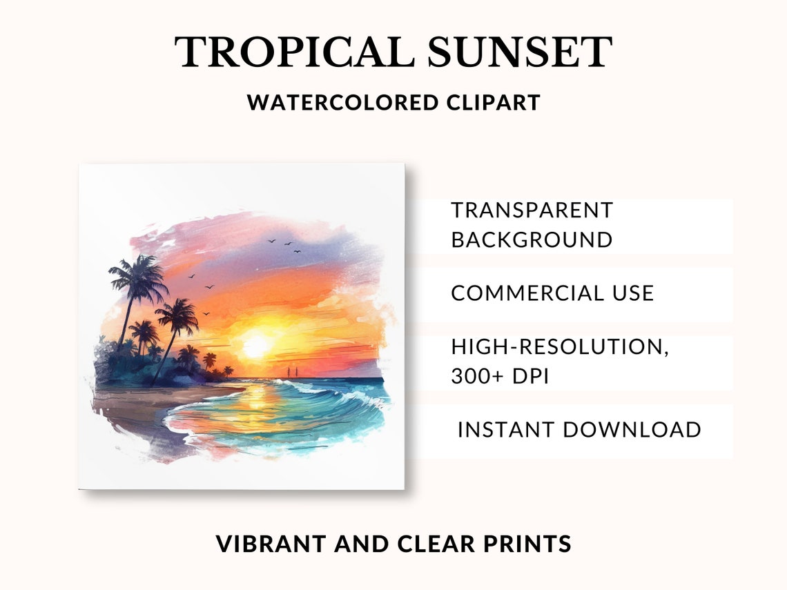 Watercolored Clipart of Tropical Sunset Tropical Beach Summer Art ...