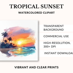 Watercolored Clipart of Tropical Sunset Tropical Beach Summer Art ...