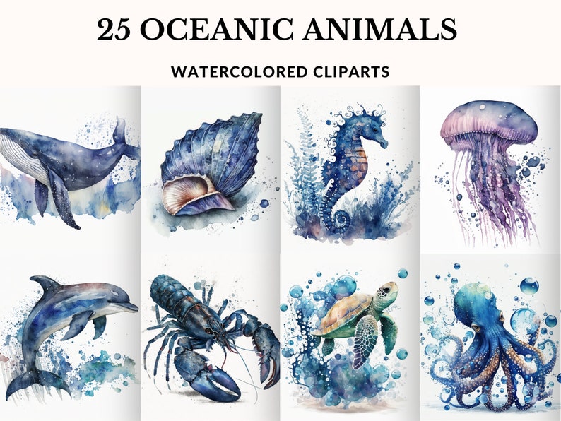 Oceanic Life Clipart, Sea Animals Clipart, Watercolor Ocean Wildlife ...