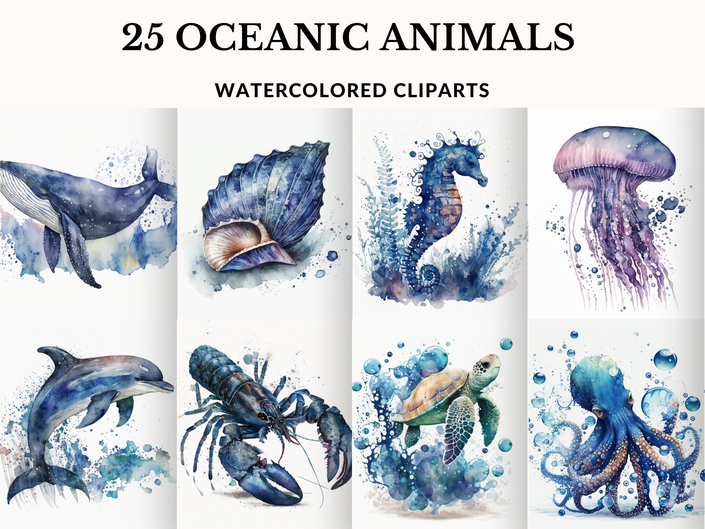 Oceanic Life Clipart Sea Animals Clipart Watercolor Ocean - Etsy