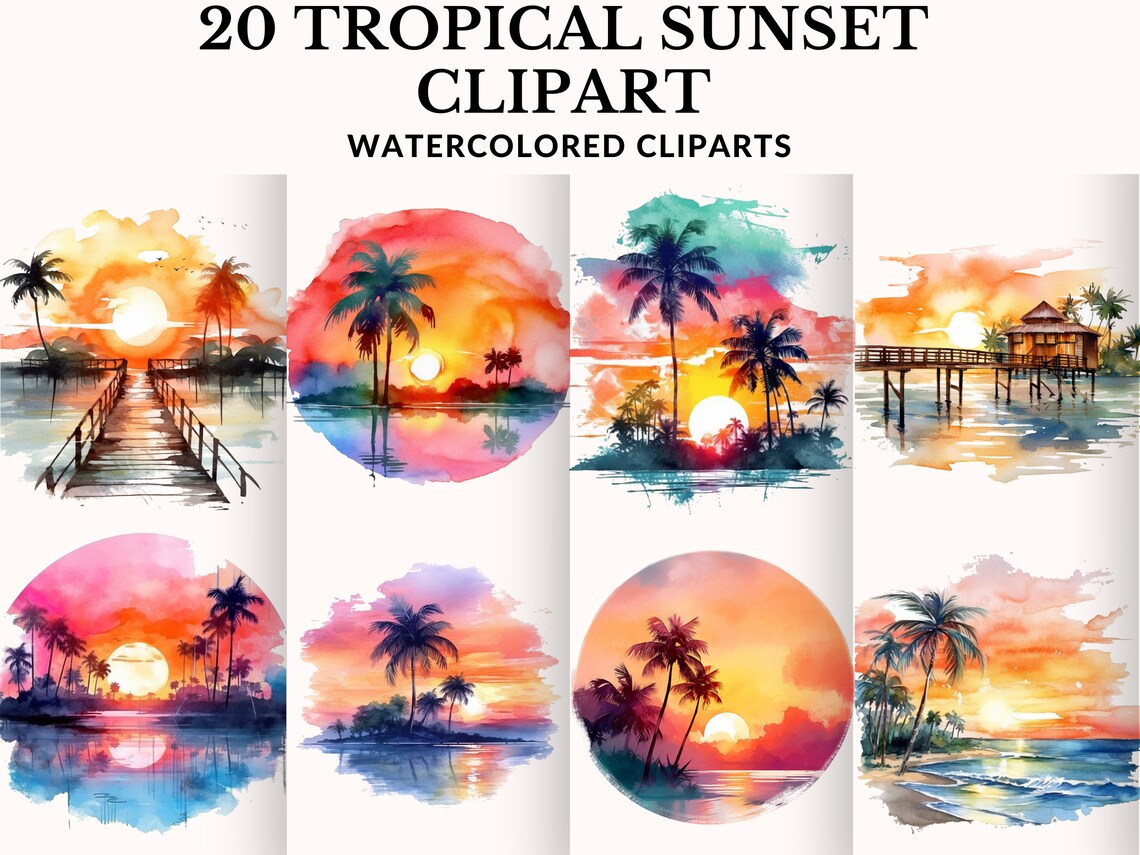 Watercolored Clipart of Tropical Sunset Tropical Beach Summer Art ...